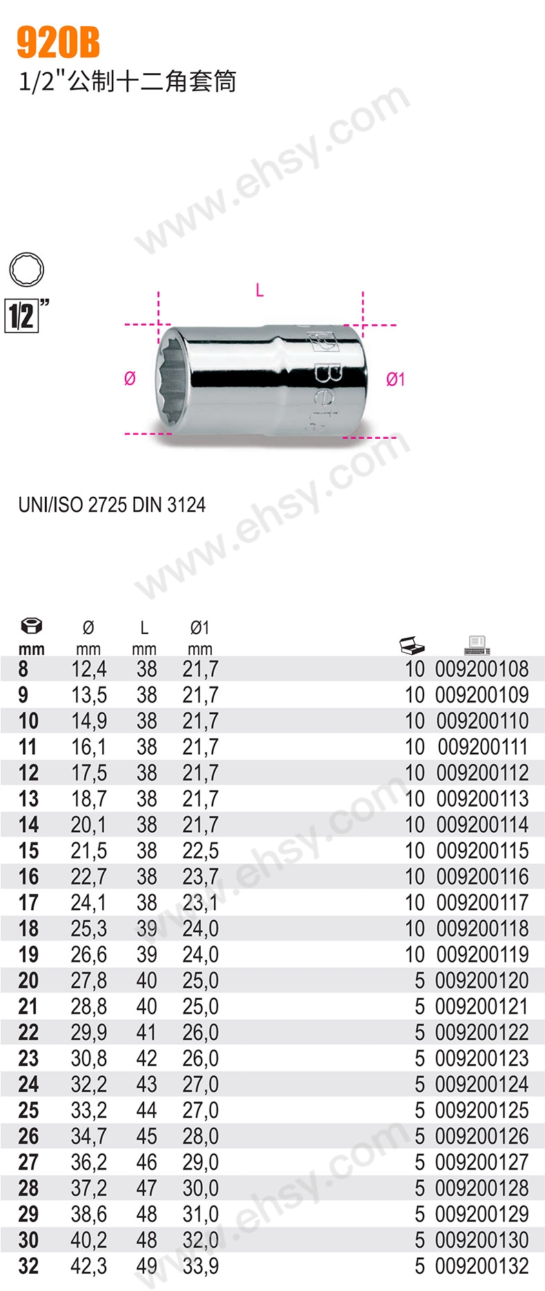 百塔Beta 1/2"(12.7mm)系列公制十二角套筒，10mm，920 B10，009200110【多少钱 规格参数 图片 采购】-西域