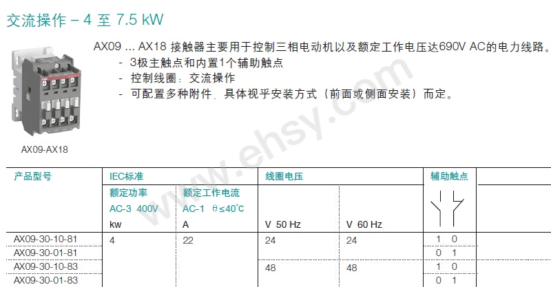 ABB 接触器，AX25-30-10（AC380-400V50HZ/AC400-415V60HZ）【多少钱 规格参数 图片 采购】-西域