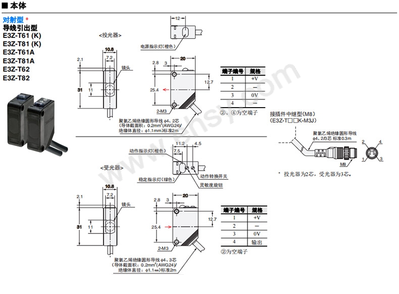 欧姆龙/OMRON 对射型光电开关，E3Z-T61A 2M 售卖规格：2个/套【多少钱 规格参数 图片 采购】-西域