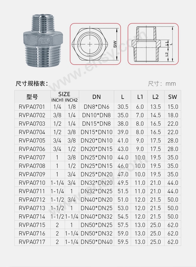Raxwell 不锈钢304六角异径外丝直接，1/2"*3/8"，DN15*DN10，PT螺纹【多少钱 规格参数 图片 采购】-西域