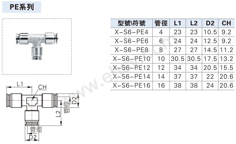 亚德客AirTAC 气动接头 全不锈钢接头 T型三通，X-S6-PE6，SUS316【多少钱 规格参数 图片 采购】-西域
