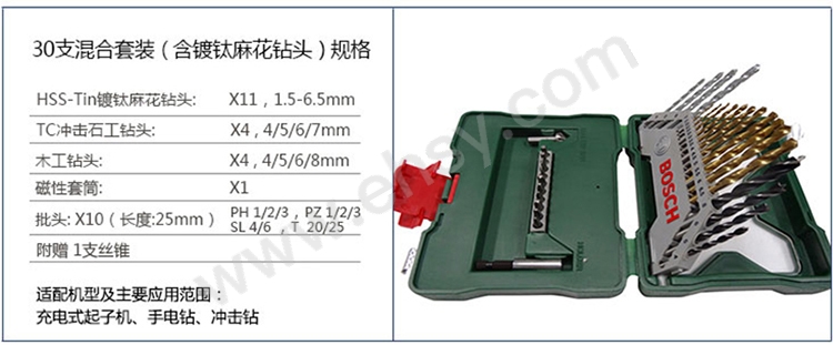博世 30件套混合钻头套装（含麻花钻头、石工钻头、木工钻头），2607017401 售卖规格：30支/包【多少钱 规格参数 图片 采购】-西域