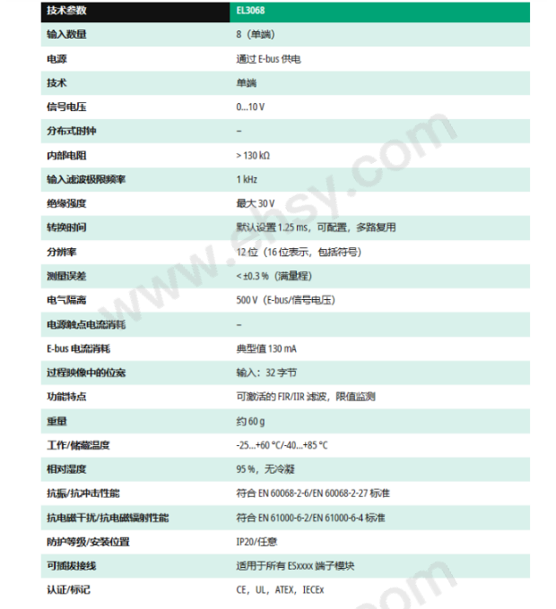 倍福/BECKHOFF 模拟量输入端子模块，EL3068 售卖规格：1个【多少钱 规格参数 图片 采购】-西域