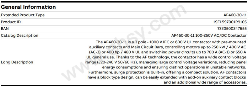 ABB AF系列交直流通用线圈接触器，AF460-30-11*48-130V AC/DC 售卖规格：1只【多少钱 规格参数 图片 采购】-西域