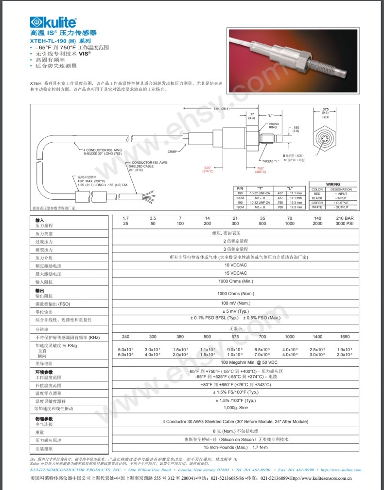 Kulite 动态压力传感器，XTEH-7L-190SM-500A【多少钱 规格参数 图片 采购】-西域